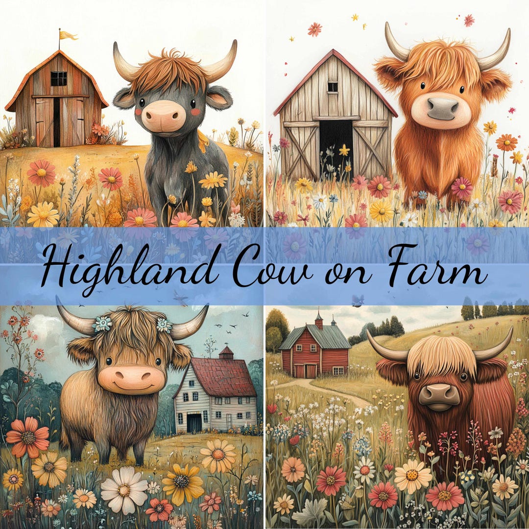 15 Folk Art Highland Cow Farm Barn Flowers Clipart Bundle, High-quality ...
