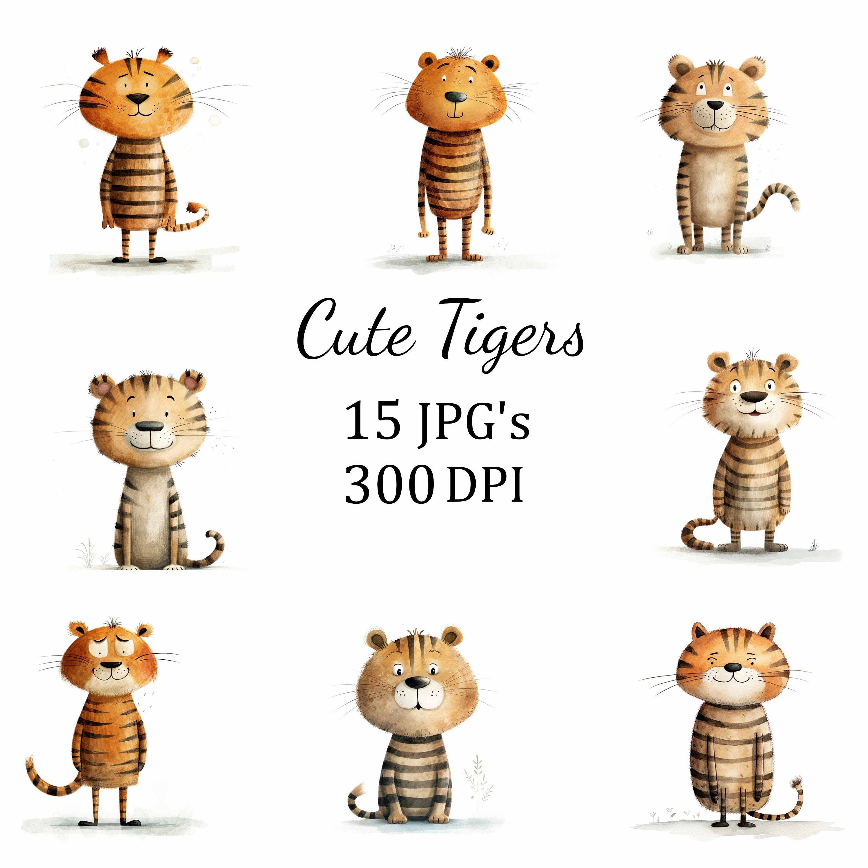 15 Cute Funny Tigers Clipart Bundle, High-quality JPG, Card Making ...
