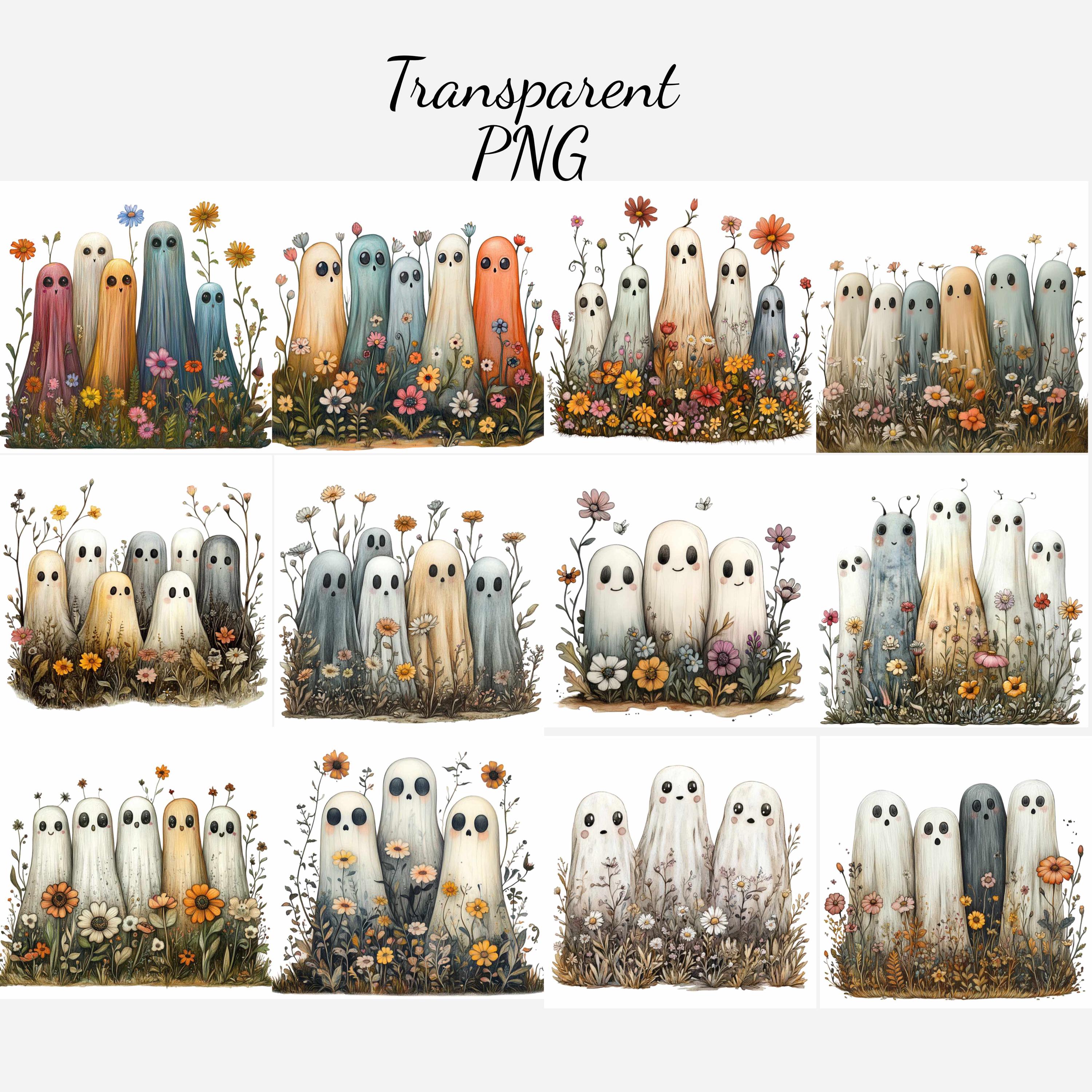 Folk Art Cute Ghost Flowers Clipart Bundle 12 Transparent PNG Download ...