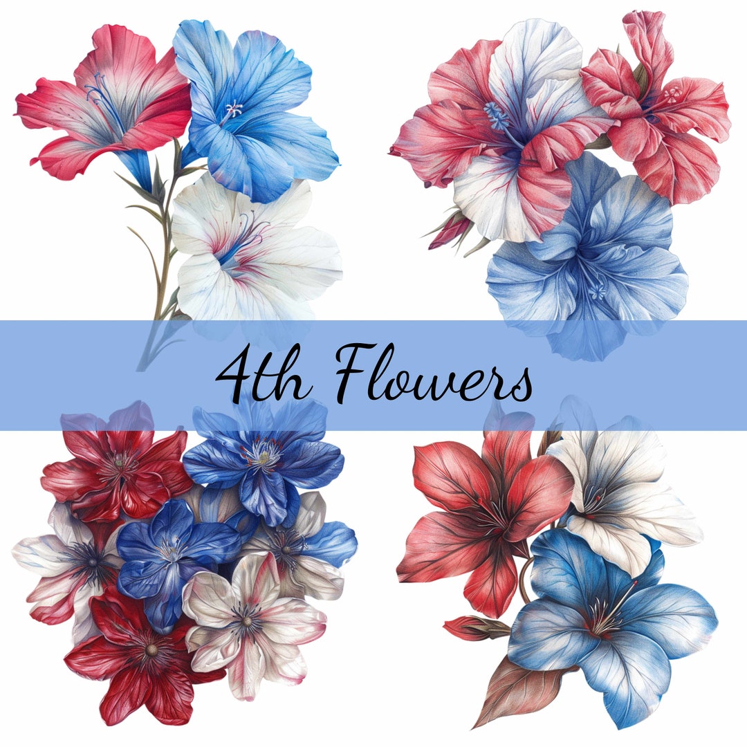 4th Red White Blue Flower Clipart Bundle, 15 High-quality JPG, Craft ...