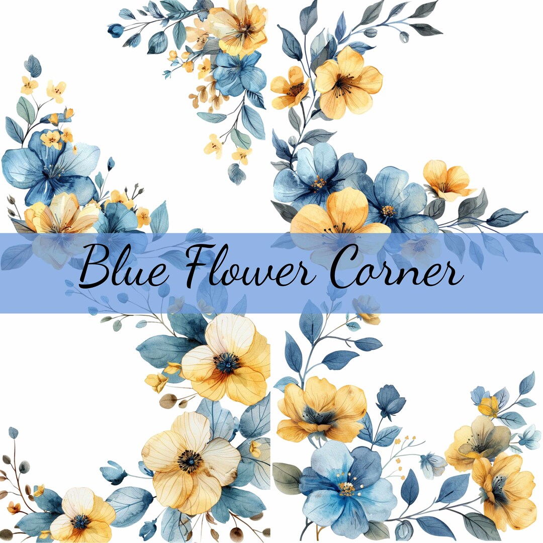 16 Blue Yellow Flower Corner Frame Clipart Bundle, 16 High-quality JPG ...