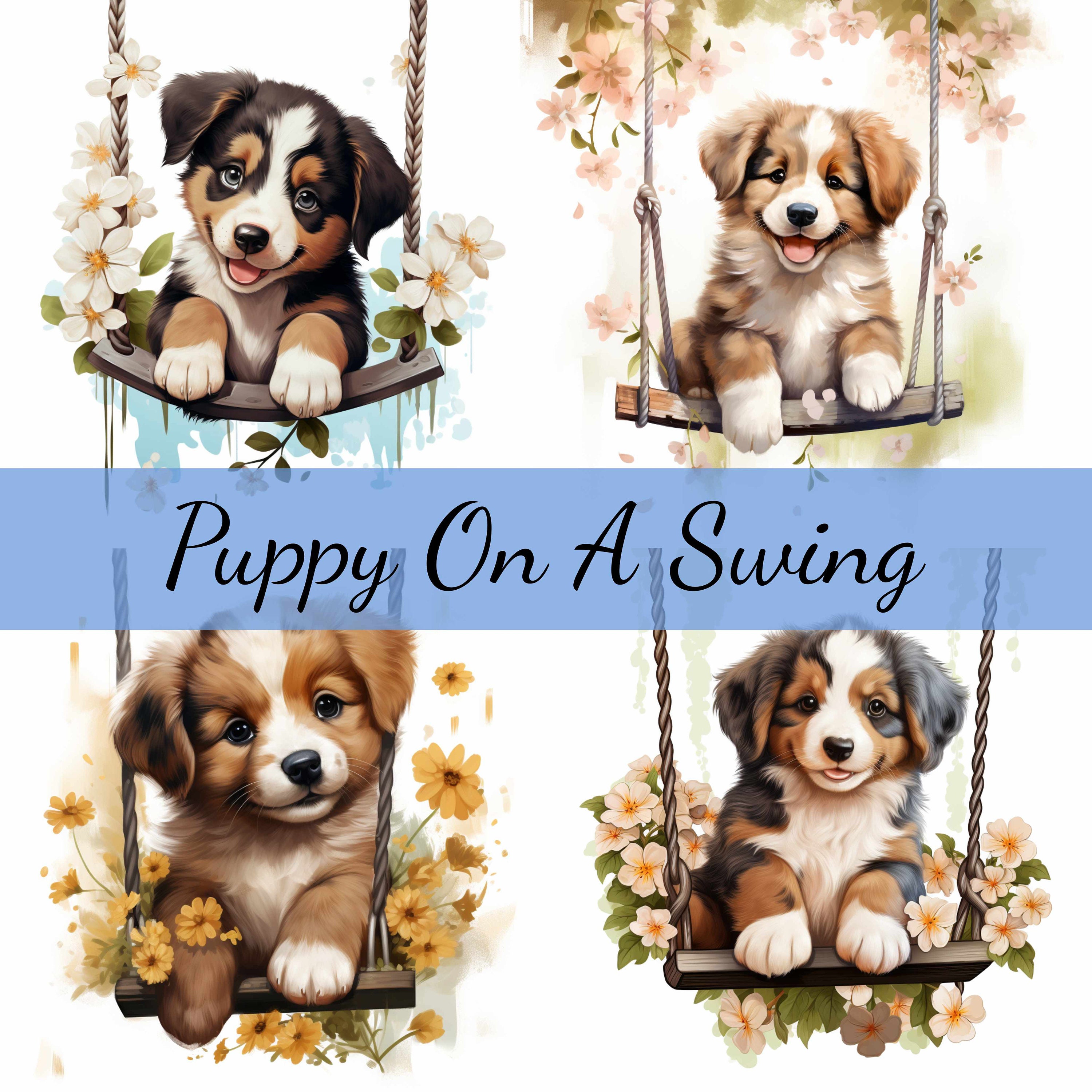 Puppy Dog on Swing With Spring Flowers Clipart Bundle, High-quality JPG ...