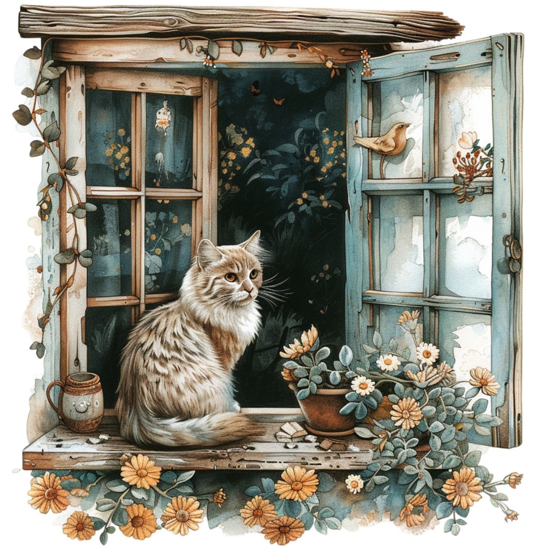 Cat Looking Out a Window Clipart Bundle, 15 High-quality JPG, Craft Art ...
