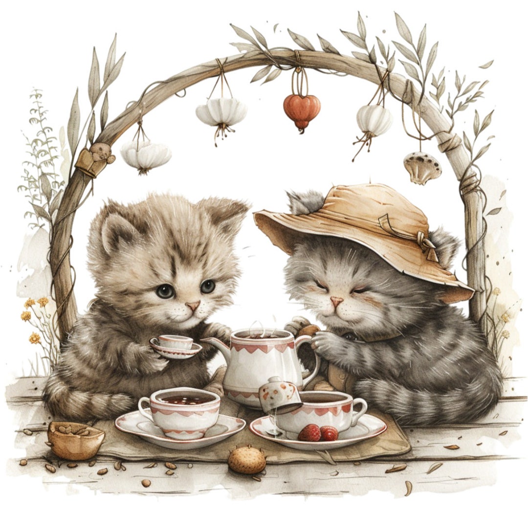 Cat Tea Party Clipart Bundle, 16 High-quality JPG, Craft Art, Card ...