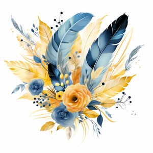 14 Boho Feather Flower Bouquet Clipart Bundle, High-quality JPG, Card ...