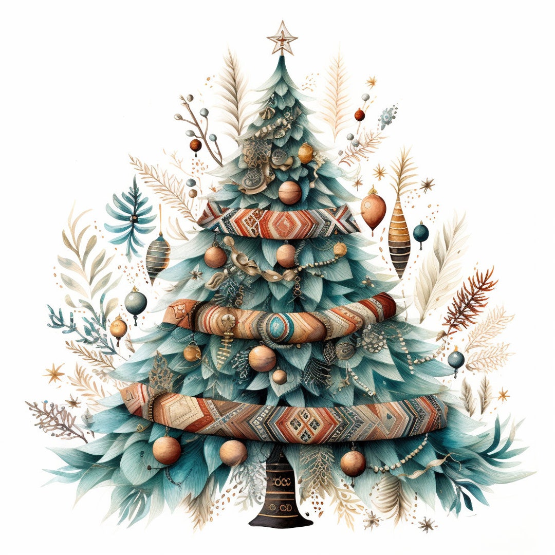 12 Boho Christmas Tree Clipart Bundle, High-quality JPG, Nursery Art ...