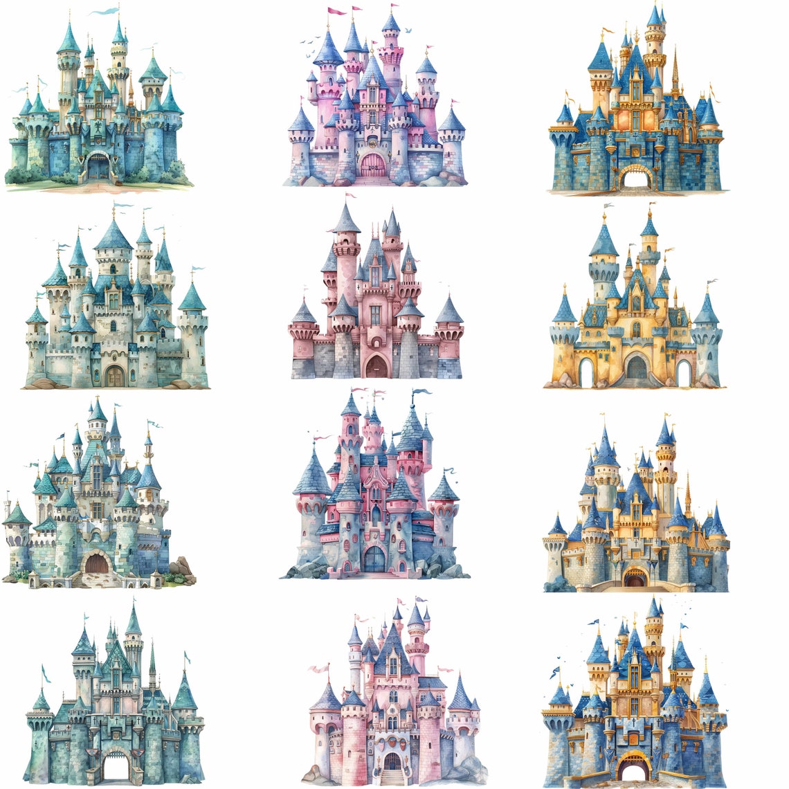 12 Pastel Princess Castle Clipart Bundle, 12 High-quality JPG, Craft ...