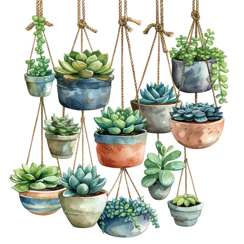 16 Succulents in Hanging Pots Clipart Bundle, 16 High-quality JPG ...