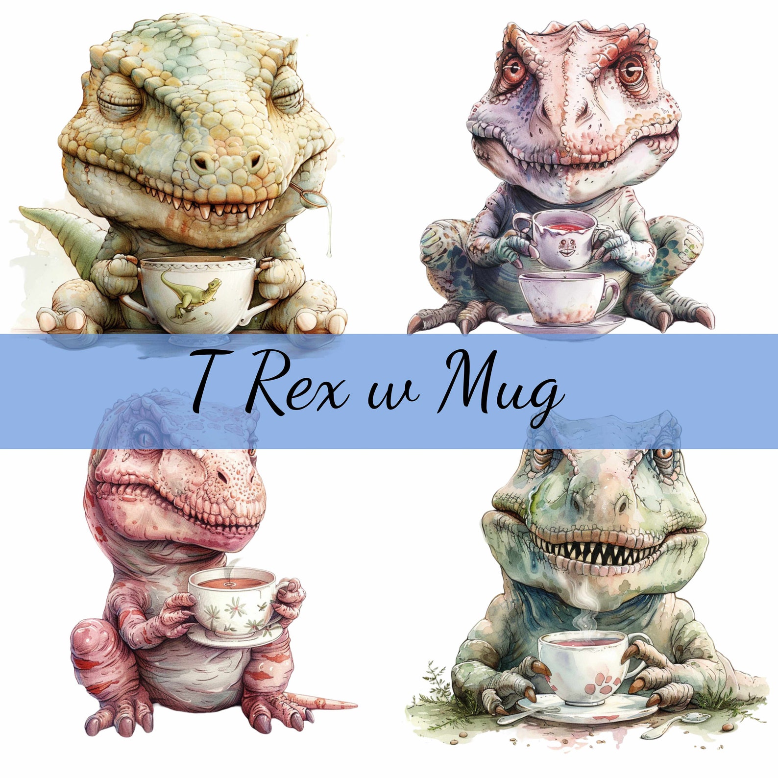 14 T Rex Dinosaur Drinking Coffee Tea Clipart Bundle, High-quality JPG ...