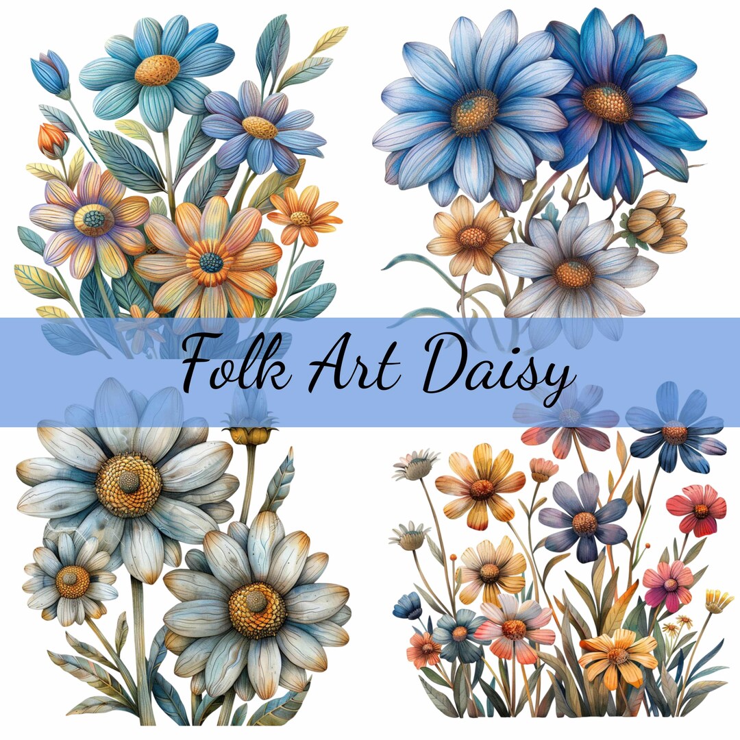 16 Folk Art Daisy Flowers Clipart Bundle, 16 High-quality JPG, Craft ...