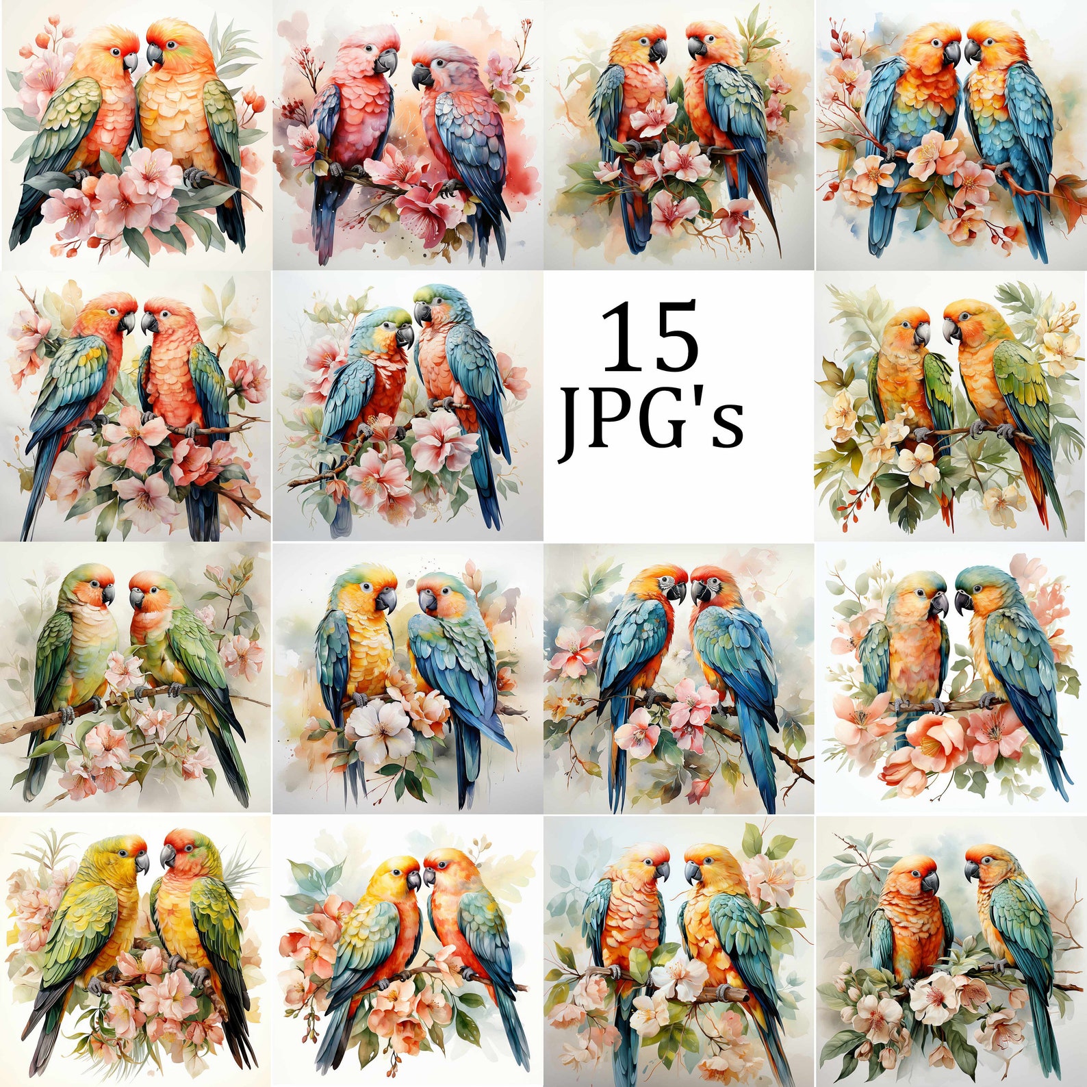 15 Parrot Bird Friends Clipart Bundle, High-quality JPG, Nursery Art ...