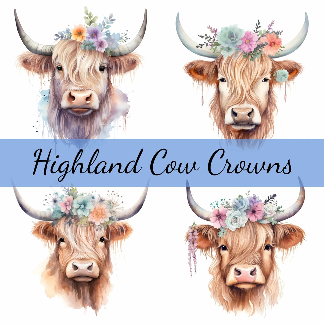 Boho Highland Cow Flower Crown Clipart Bundle, High-quality JPG, Craft ...