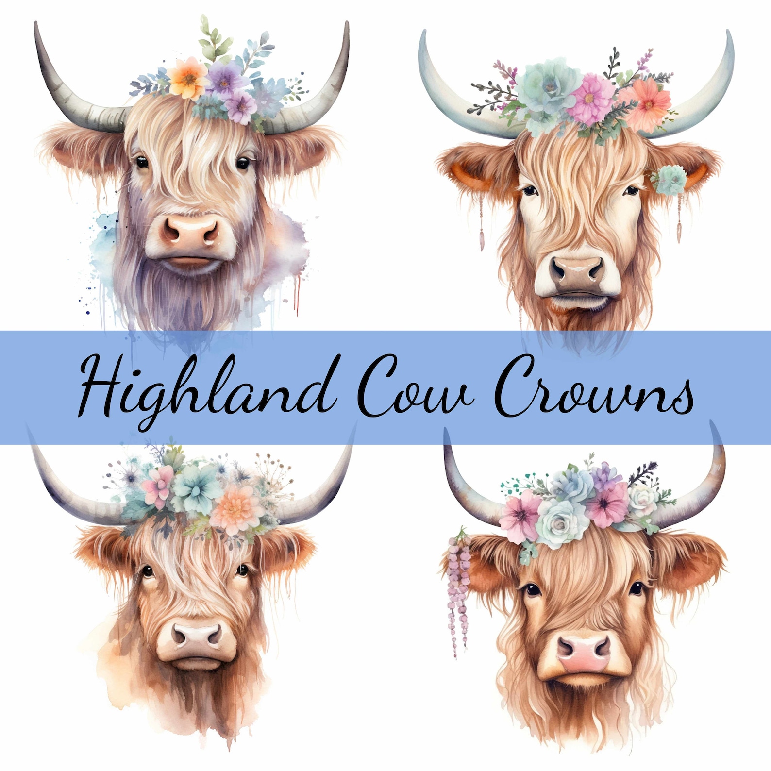 Boho Highland Cow Flower Crown Clipart Bundle, High-quality JPG, Craft ...