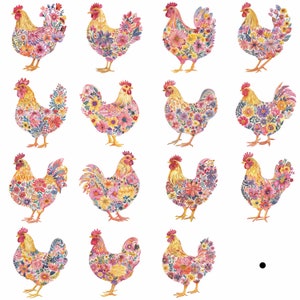 Boho Chicken With Flowers Clipart Bundle, 15 High-quality JPG, Craft ...