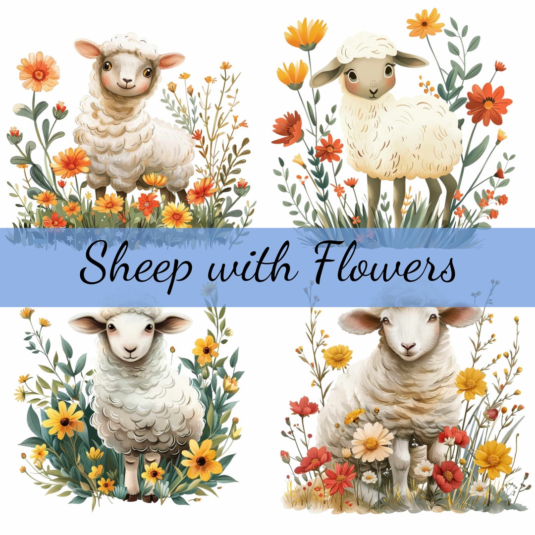 15 Sheep in Flowers Clipart Bundle, 15 High-quality JPG, Craft Art ...
