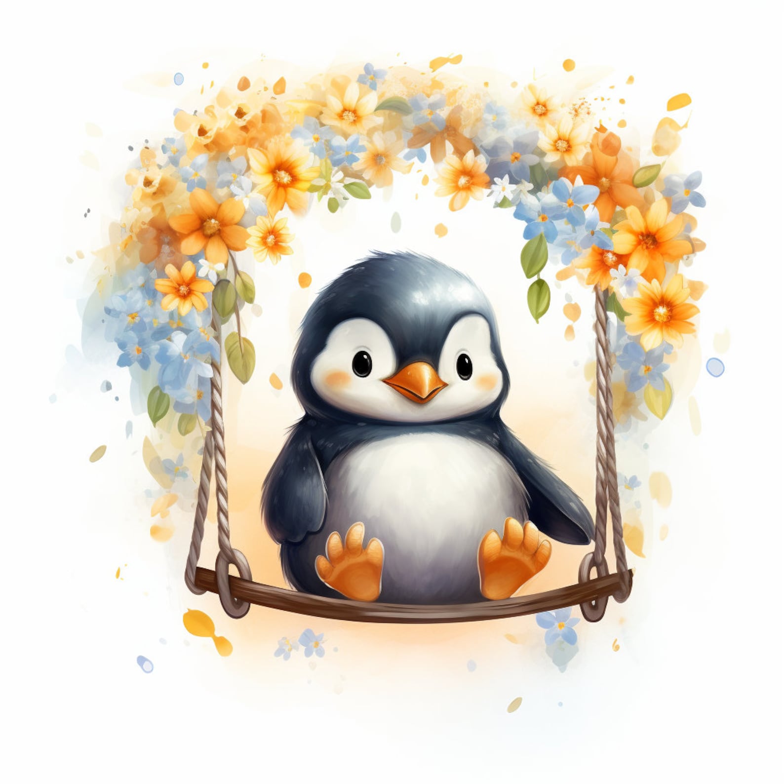 Penguin on Swing With Spring Flowers Clipart Bundle, High-quality JPG ...