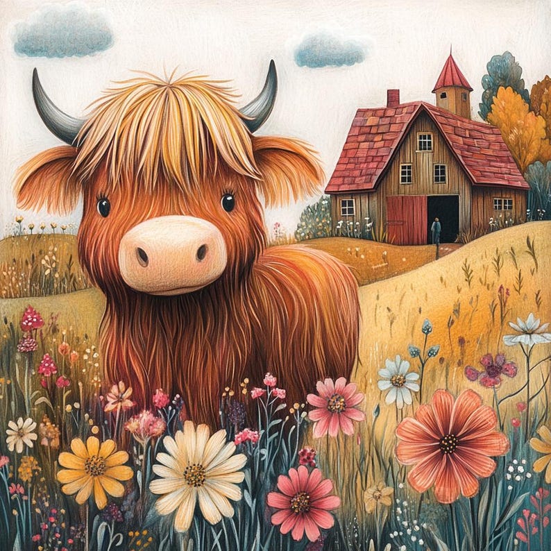 15 Folk Art Highland Cow Farm Barn Flowers Clipart Bundle, High-quality ...