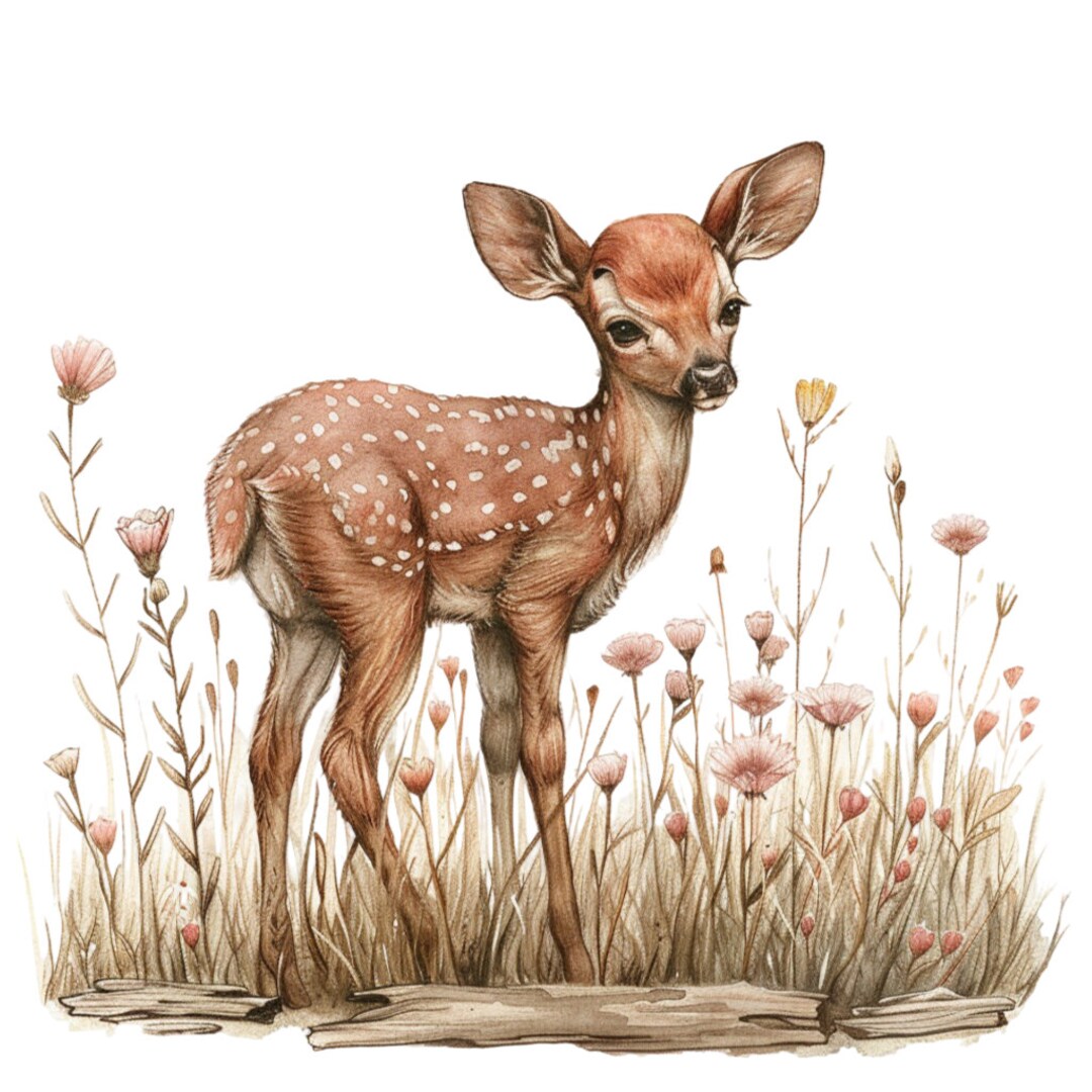 Fawn Deer in a Flower Meadow Clipart Bundle, 14 High-quality JPG, Craft ...