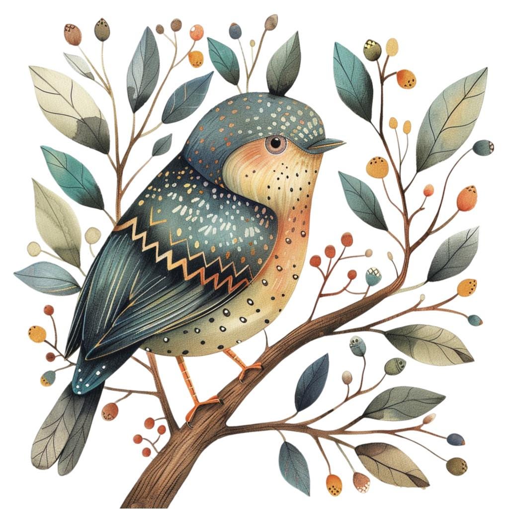 12 Bird on a Tree Branch Folk Art Clipart Bundle, 12 High-quality JPG ...