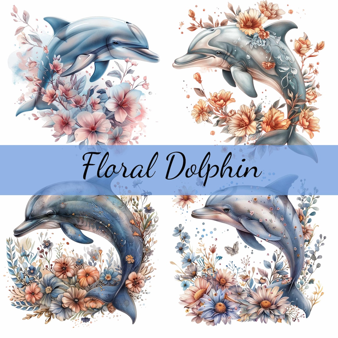 16 Floral Dolphin Clipart Bundle, 16 High-quality JPG, Craft Art, Card ...