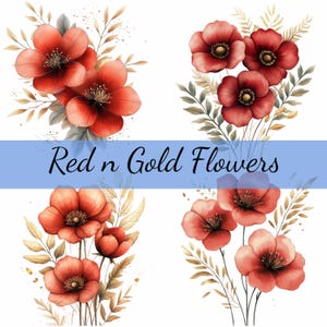 Red Flowers With Gold Clipart Bundle, 16 JPG and Transparent PNG ...