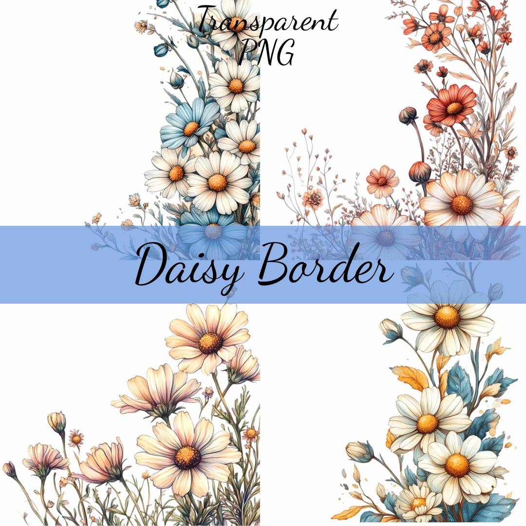16 Boho Daisy Flower Border Frame Corner Clipart Bundle 16 Transparent ...