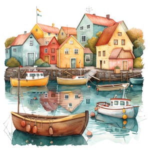 16 Folk Art Harbor Boats Houses Clipart Bundle, 16 High-quality JPG ...