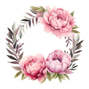 Pink Peony Flower Wreaths Clipart Bundle, High-quality JPG, Craft Art ...