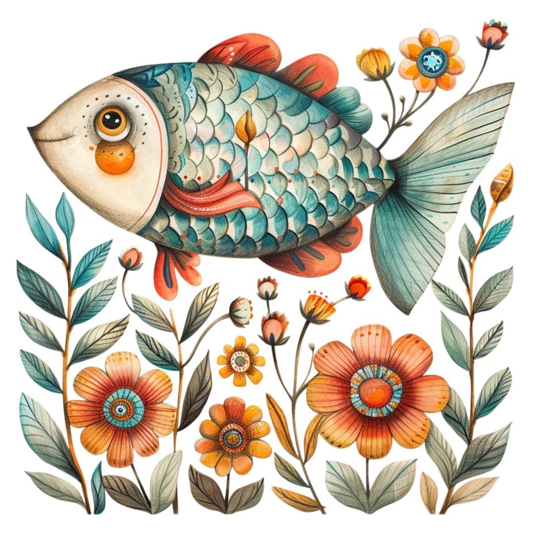 Folk Art Fish W Flowers Clipart Bundle, 16 High-quality JPG, Craft Art ...