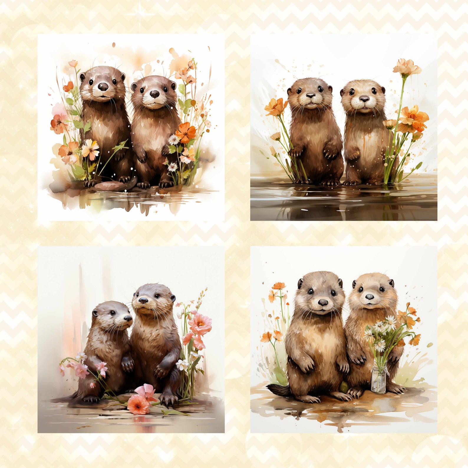16 Otter Friends Flowers Clipart Bundle, 16 High-quality JPG, Nursery ...