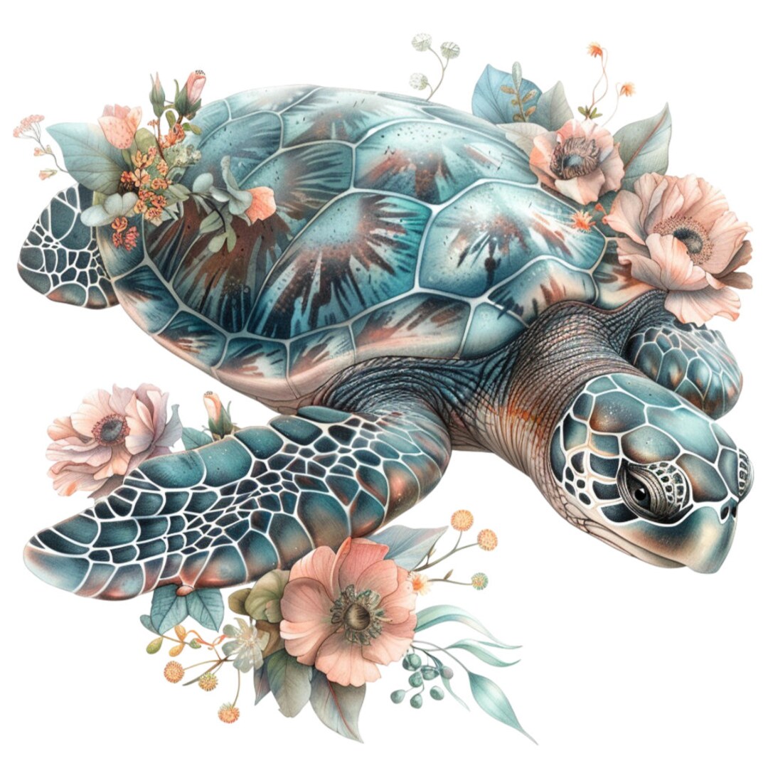 Floral Sea Turtle Flowers Clipart Bundle, 16 High-quality JPG, Craft ...