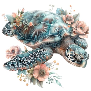 Floral Sea Turtle Flowers Clipart Bundle, 16 High-quality JPG, Craft ...