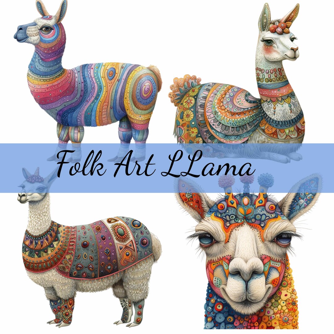 16 Llama in Folk Art Clipart Bundle, 16 High-quality JPG, Craft Art ...