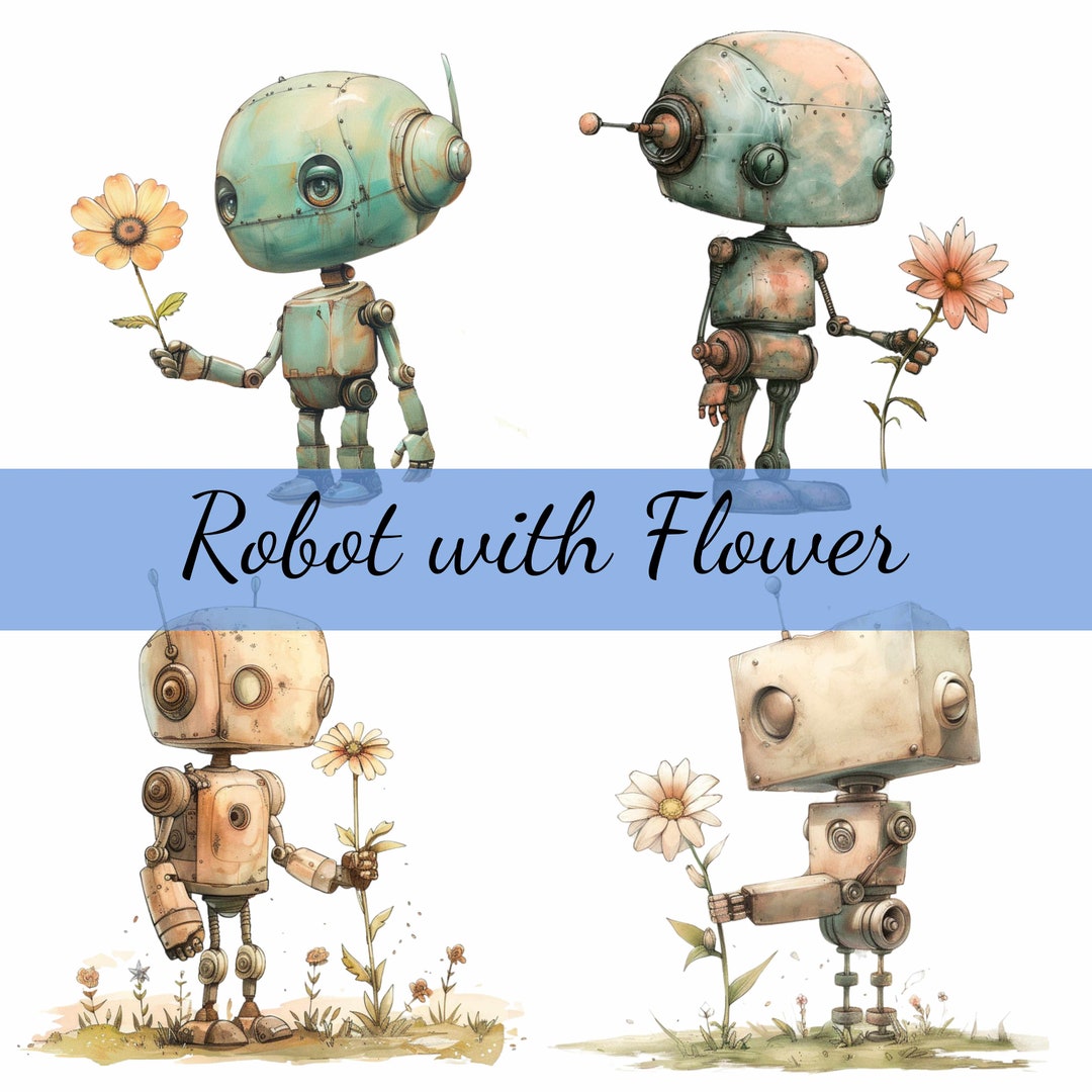 15 Cute Robot With Flower Clipart Bundle, 15 High-quality JPG, Craft ...