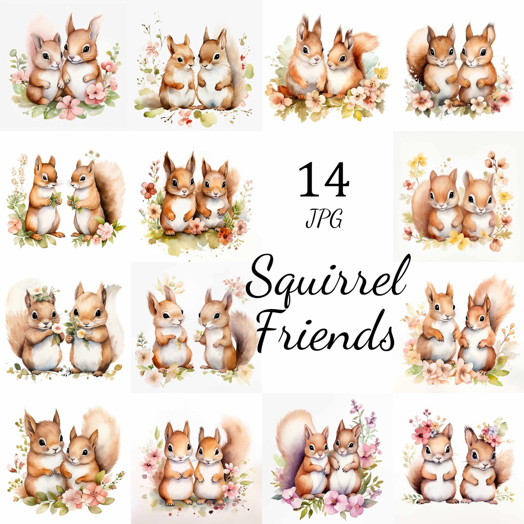 14 Squirrel Friends Clipart Bundle, High-quality JPG, Nursery Art, Card ...