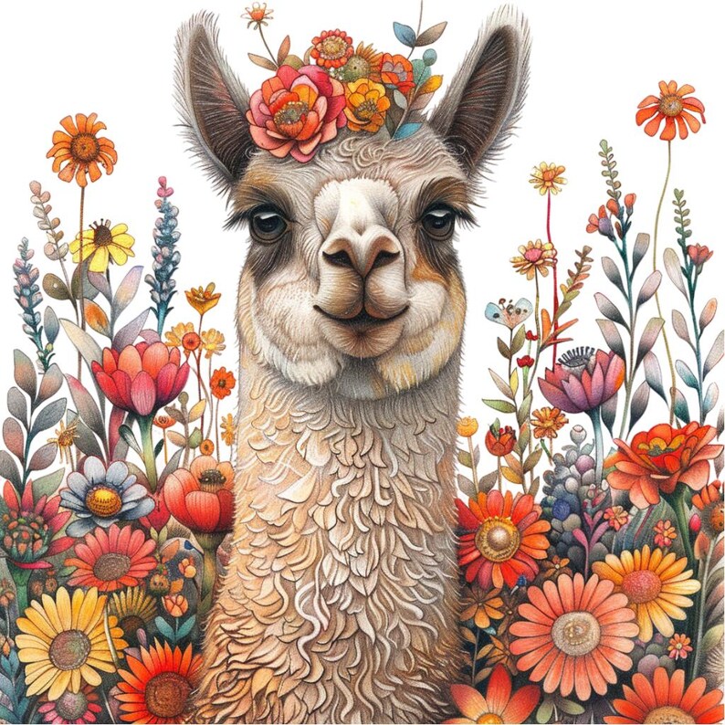 16 Llama With Folk Art Flowers Clipart Bundle, 16 High-quality JPG ...