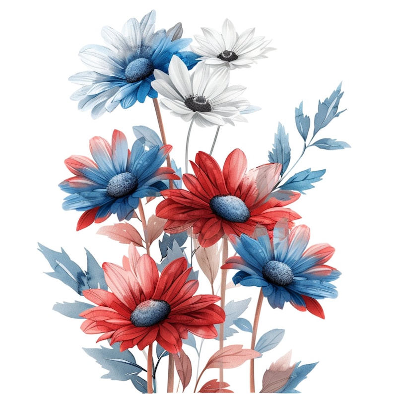 Red White Blue Daisy Flowers Clipart Bundle, 16 High-quality JPG, Craft ...