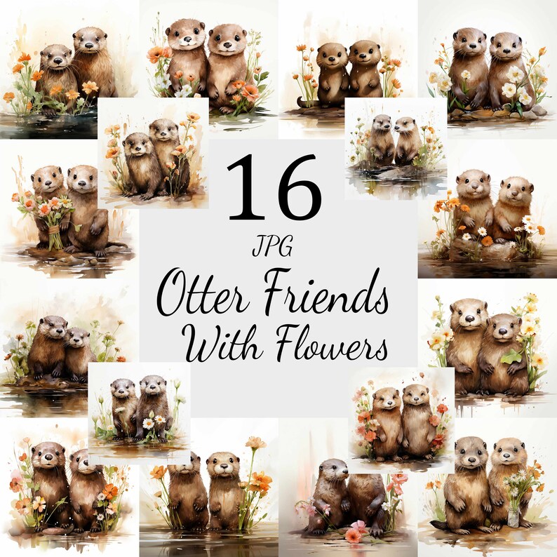 16 Otter Friends Flowers Clipart Bundle, 16 High-quality JPG, Nursery ...