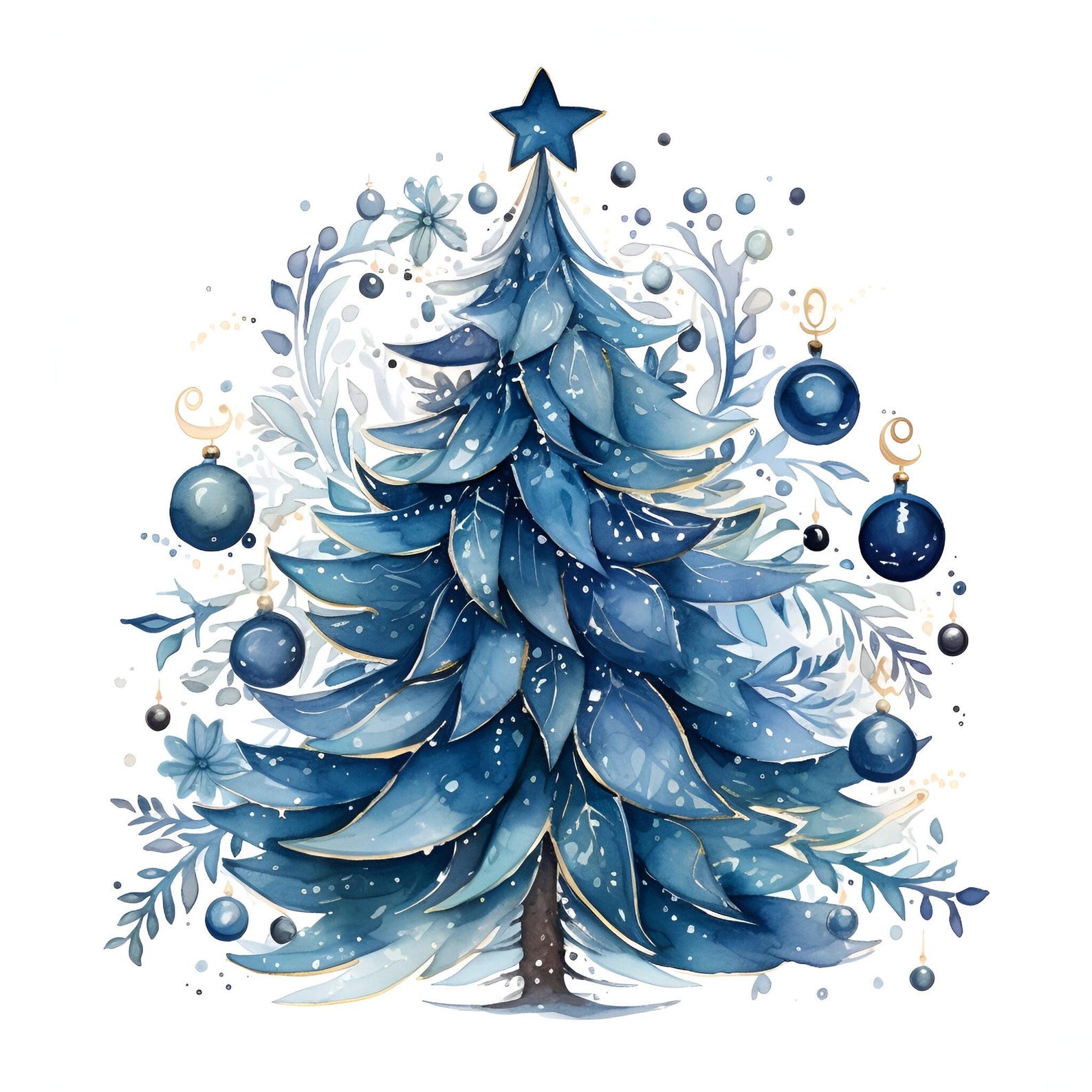 14 Boho Blue Christmas Tree Clipart Bundle, High-quality JPG, Card ...