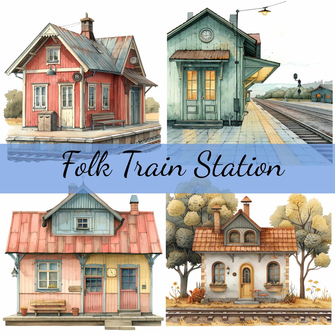 Old Folk Art Train Station Clipart Bundle, 16 High-quality JPG, Craft ...