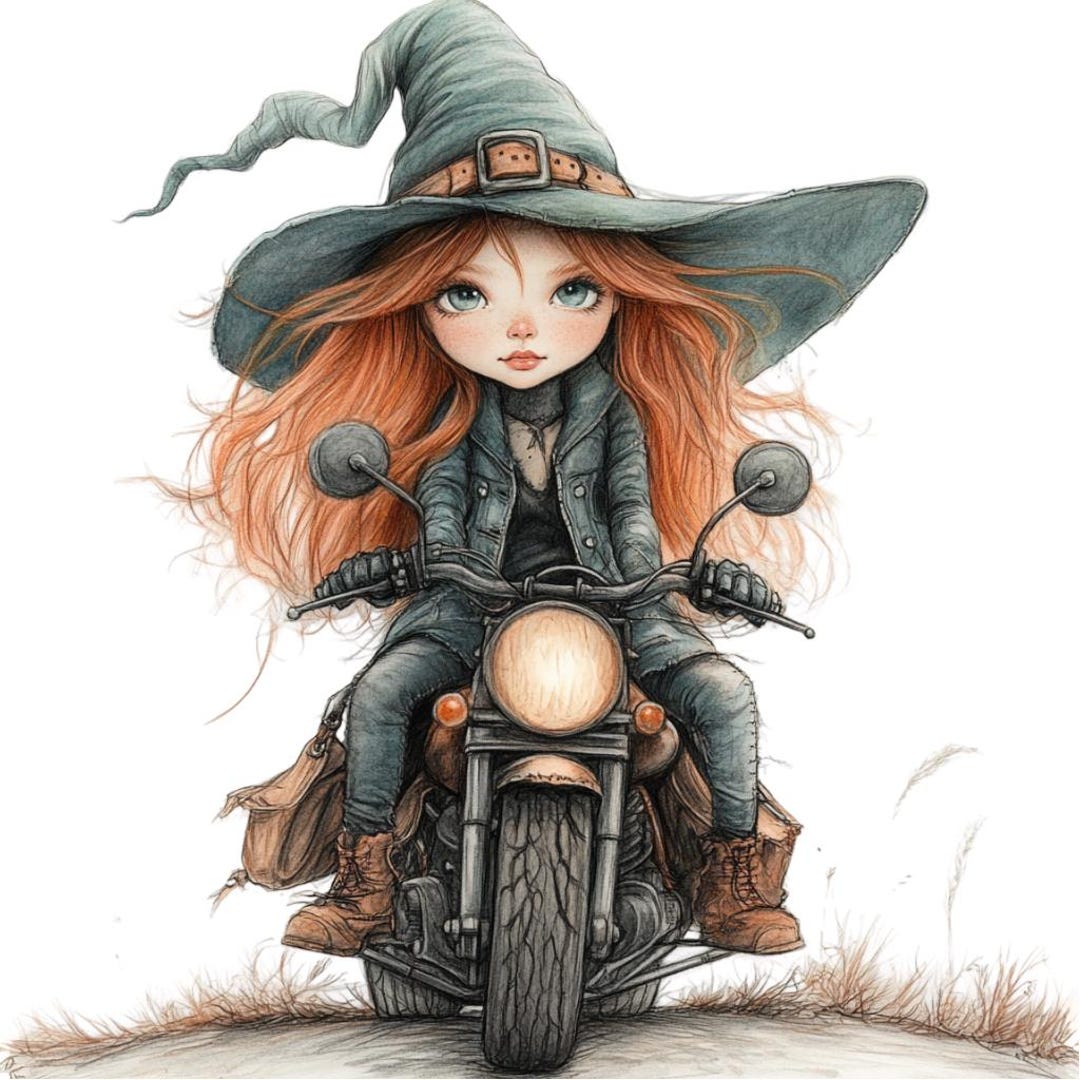 Witch on A Motorcycle Clipart Bundle, 15 JPG and Transparent PNG, Craft ...