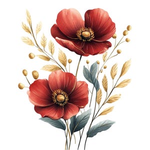 Red Flowers With Gold Clipart Bundle, 16 JPG and Transparent PNG ...