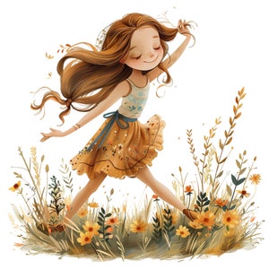 Cute Boho Girl Dancing in Flowers Clipart Bundle, 16 High-quality JPG ...