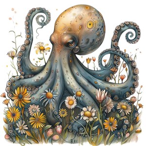 Folk Art Octopus W Flowers Clipart Bundle, 12 High-quality JPG, Craft ...