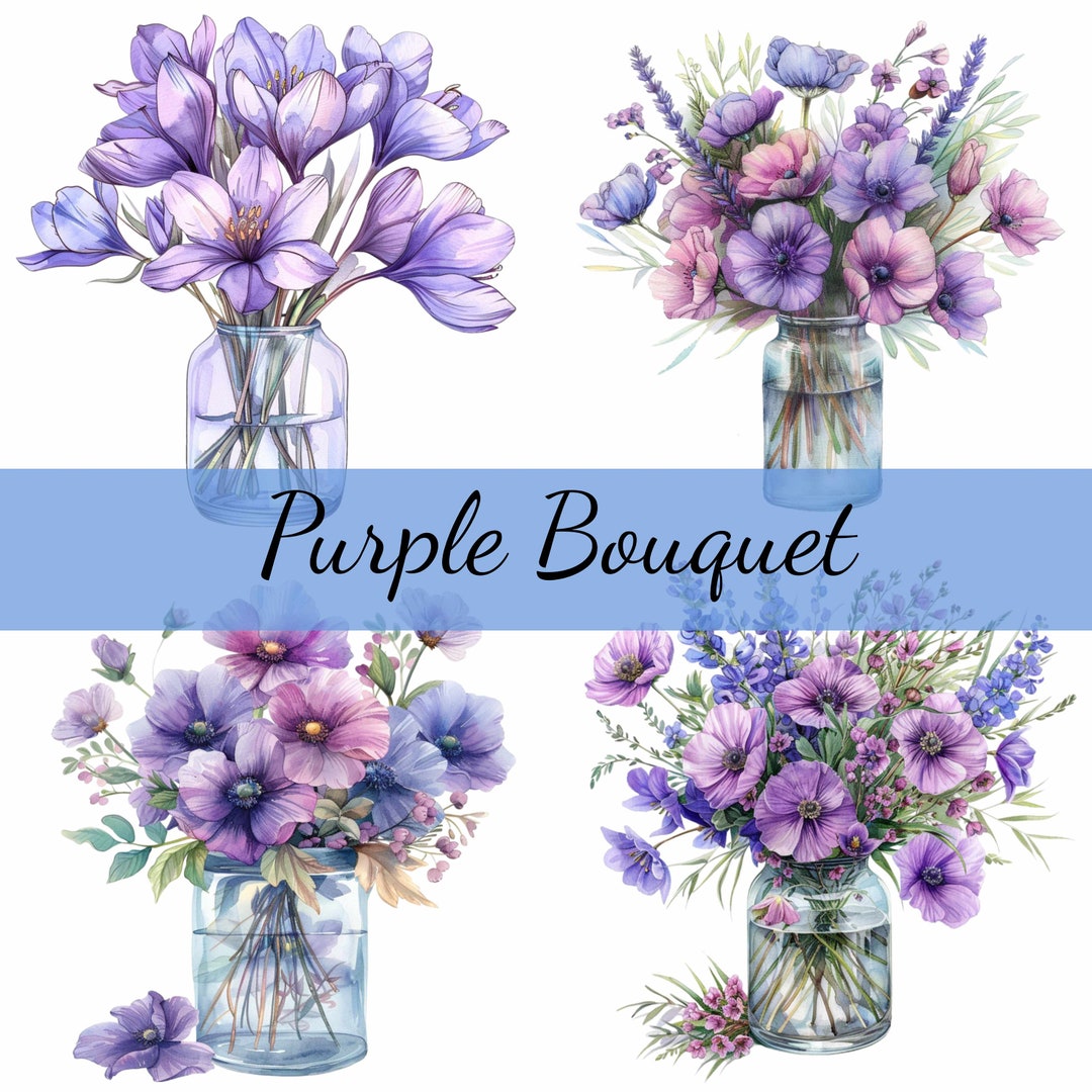 Purple Flowers in Vase Wildflowers Clipart Bundle, 16 High-quality JPG ...