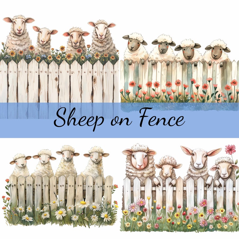 16 Cute Sheep on a Farm Fence Clipart Bundle, 16 High-quality JPG ...