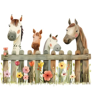 Cute Horses on a Farm Fence Clipart Bundle, 416 High-quality JPG, Craft ...