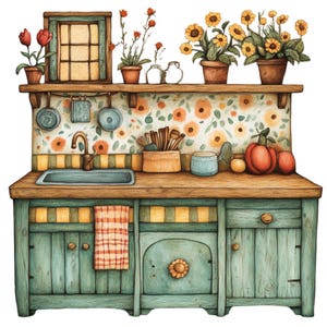 16 Folk Art Country Kitchen Clipart Bundle, 16 JPG and Transparent PNG ...