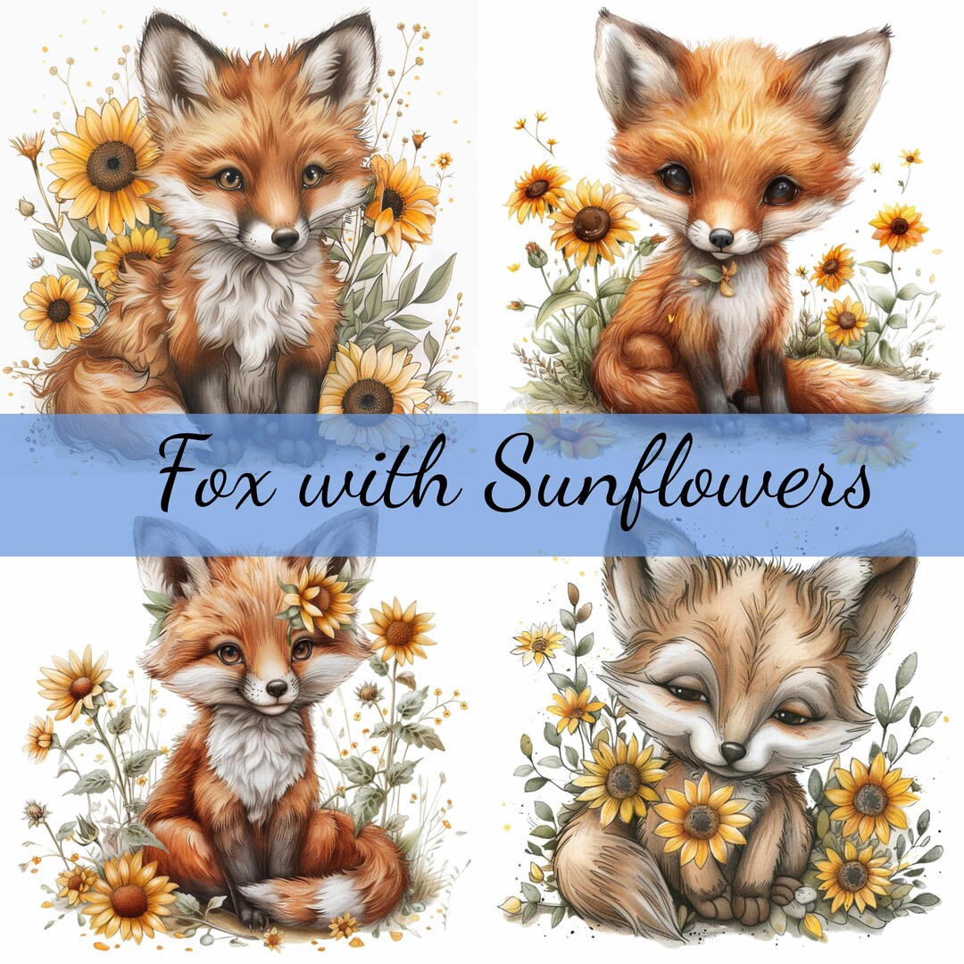 12 Fox With Sunflowers Clipart Bundle, 12 High-quality JPG, Craft Art ...