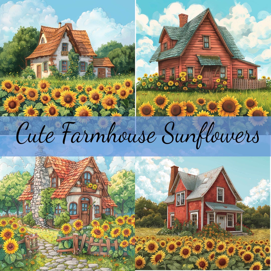 16 Cute Farm House With Sunflowers 1 Clipart Bundle, High-quality JPG ...